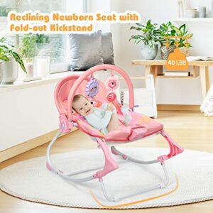 HONEY JOY Baby Rocker Chair, Newborn Bouncer Chair w/ Toy-Bar & Sound, Infant to Toddler Stationary Seating w/Fold-Out Kickstand, Vibration Calming & 3 Recline Positions, Bouncy Seat for Babies (Pink)