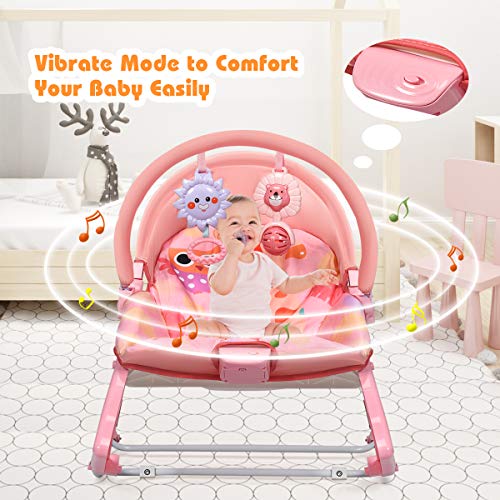 HONEY JOY Baby Rocker Chair, Newborn Bouncer Chair w/ Toy-Bar & Sound, Infant to Toddler Stationary Seating w/Fold-Out Kickstand, Vibration Calming & 3 Recline Positions, Bouncy Seat for Babies (Pink)