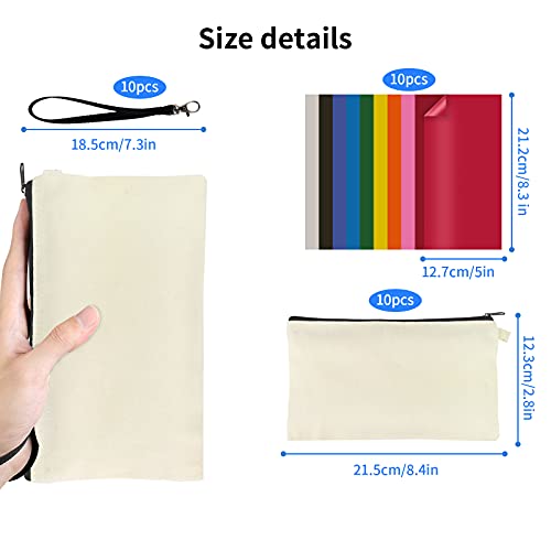 EVNEED Blank Craft DIY Canvas Bags ,8 x 5 Inch Canvas Cosmetic Bag with 10Pcs Wristband Lanyards,10 pcs 8.3x 5inch Heat Transfer Bundle Vinyl Canvas Makeup Bag Travel Pouch Pen Bag