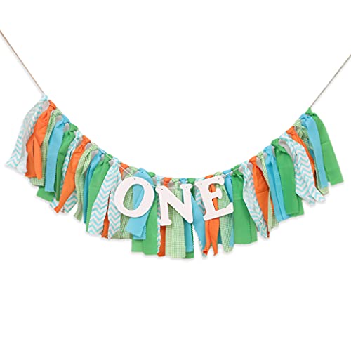 High Chair Banner for 1st Birthday - Highchair Banner for First Birthday Theme Decoration, Cake Smash Photo Prop, Fabric Rag Garland Banner,Guppies, Green, Orange, Rag Tie