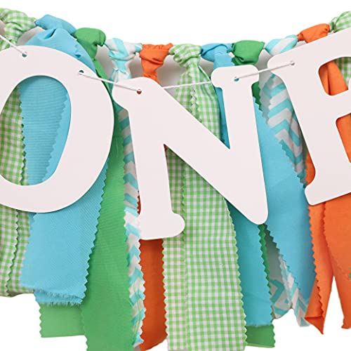 High Chair Banner for 1st Birthday - Highchair Banner for First Birthday Theme Decoration, Cake Smash Photo Prop, Fabric Rag Garland Banner,Guppies, Green, Orange, Rag Tie