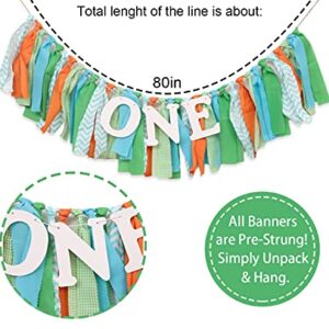 High Chair Banner for 1st Birthday - Highchair Banner for First Birthday Theme Decoration, Cake Smash Photo Prop, Fabric Rag Garland Banner,Guppies, Green, Orange, Rag Tie