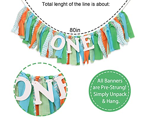 High Chair Banner for 1st Birthday - Highchair Banner for First Birthday Theme Decoration, Cake Smash Photo Prop, Fabric Rag Garland Banner,Guppies, Green, Orange, Rag Tie