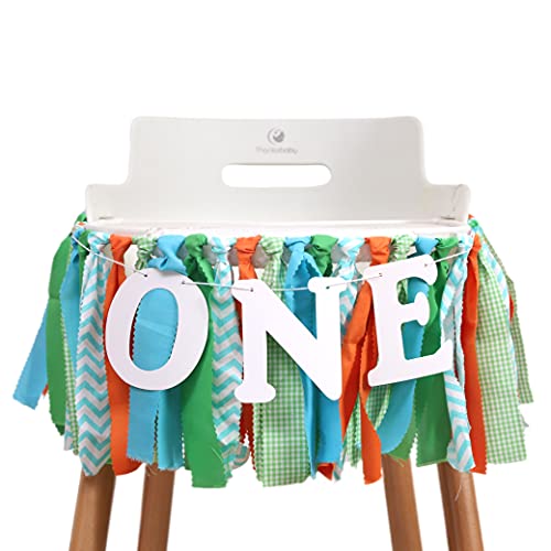 High Chair Banner for 1st Birthday - Highchair Banner for First Birthday Theme Decoration, Cake Smash Photo Prop, Fabric Rag Garland Banner,Guppies, Green, Orange, Rag Tie