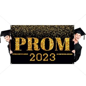 Prom 2023 Banner Graduation Prom Party Decorations Supplies Large Congrats Banner Photo Backdrop Graduation Prom Banner Hanging (Black, Gold)