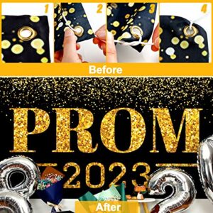 Prom 2023 Banner Graduation Prom Party Decorations Supplies Large Congrats Banner Photo Backdrop Graduation Prom Banner Hanging (Black, Gold)