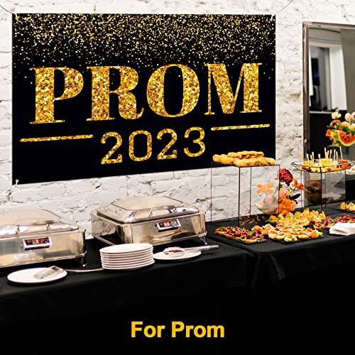 Prom 2023 Banner Graduation Prom Party Decorations Supplies Large Congrats Banner Photo Backdrop Graduation Prom Banner Hanging (Black, Gold)