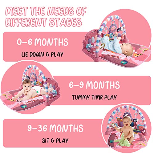 PWTAO Baby Play Mat Baby Musical Activity Gym Mat Kick and Play Piano Gym Early Development Activity Centers with 5 Hanging Toys Boy & Girl Gifts for Newborn Baby 0 to 3 6 9 12 Months