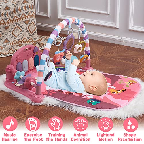 PWTAO Baby Play Mat Baby Musical Activity Gym Mat Kick and Play Piano Gym Early Development Activity Centers with 5 Hanging Toys Boy & Girl Gifts for Newborn Baby 0 to 3 6 9 12 Months