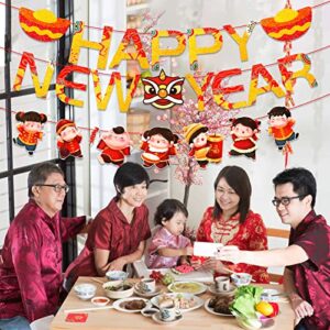 HOWAF Chinese New Year Decorations Set, 4 pieces Happy New Year Hanging Banner, Year of The Rabbit Hanging Wall Decor for New Year Eve Party Photo Background Decoration Supplies, Spring Festival Bunting Garland