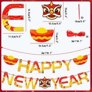 HOWAF Chinese New Year Decorations Set, 4 pieces Happy New Year Hanging Banner, Year of The Rabbit Hanging Wall Decor for New Year Eve Party Photo Background Decoration Supplies, Spring Festival Bunting Garland