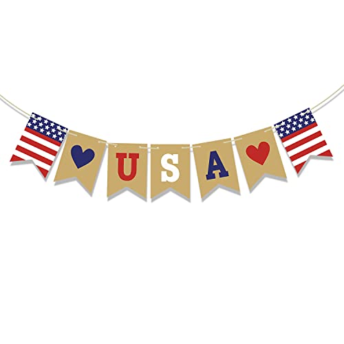 USA Banner Patriotic Garland Bunting 4th th of July Decorations American Independence Day Parade Memorial Day Veterand Day Celebration Red White and Blue Theme Indoor Outdoor Party Supplies