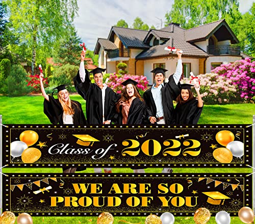 KIZZYEA Graduation Decorations 2022 - 2 Pcs Congrats Grad Banners for Class of 2022 and Proud of You Congratulations Banner Graduation Party Supplies Yard Sign Backdrop for Indoor Outdoor