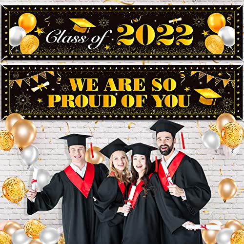 KIZZYEA Graduation Decorations 2022 - 2 Pcs Congrats Grad Banners for Class of 2022 and Proud of You Congratulations Banner Graduation Party Supplies Yard Sign Backdrop for Indoor Outdoor