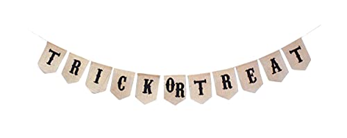 Halloween Banner – Trick or Treat Halloween Burlap Banner Pennant Garland Bunting for Fireplace Mantle Porch Party Decorations by Mandala Crafts