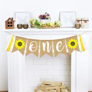 doumeny jute burlap one banner with sunflower one highchair banner boy girl 1st/first birthday bunting banner baby shower party banner sunflower tassel ribbon garland banner for party photo prop decor