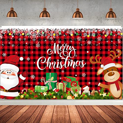 Christmas Backdrop Banner Santa Claus Reindeer Party Background Decoration for Xmas Holiday Photo Booth Photography Props Wall Hanging Decor, 72.8 X 43.3 Inch (Black-red,Plaid Pattern)