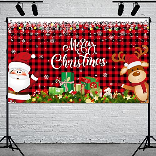 Christmas Backdrop Banner Santa Claus Reindeer Party Background Decoration for Xmas Holiday Photo Booth Photography Props Wall Hanging Decor, 72.8 X 43.3 Inch (Black-red,Plaid Pattern)