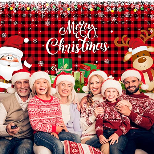 Christmas Backdrop Banner Santa Claus Reindeer Party Background Decoration for Xmas Holiday Photo Booth Photography Props Wall Hanging Decor, 72.8 X 43.3 Inch (Black-red,Plaid Pattern)