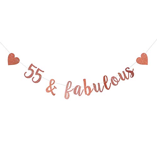 55 & Fabulous Banner, Happy 55th Birthday Bunting Sign, Hello 55/Cheer to 55 Years Birthday/Anniversary Party Decoration Supplies, Rose Gold Glitter