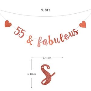 55 & Fabulous Banner, Happy 55th Birthday Bunting Sign, Hello 55/Cheer to 55 Years Birthday/Anniversary Party Decoration Supplies, Rose Gold Glitter