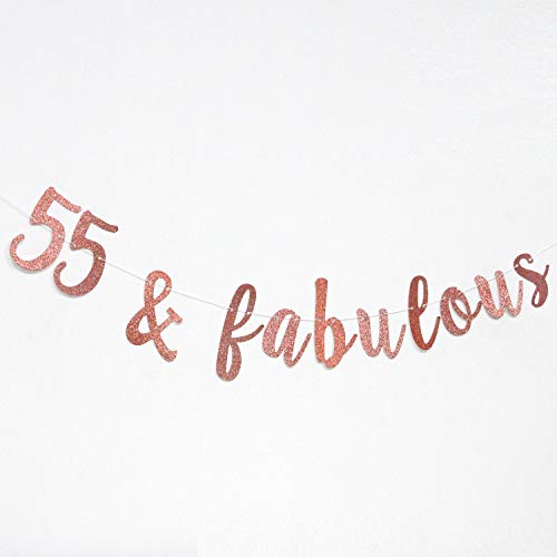 55 & Fabulous Banner, Happy 55th Birthday Bunting Sign, Hello 55/Cheer to 55 Years Birthday/Anniversary Party Decoration Supplies, Rose Gold Glitter