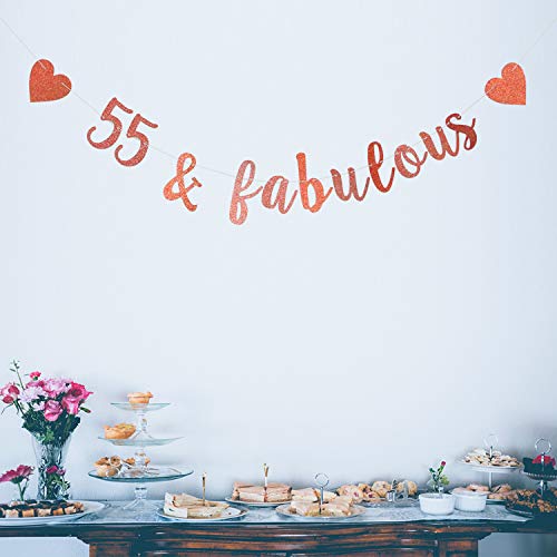 55 & Fabulous Banner, Happy 55th Birthday Bunting Sign, Hello 55/Cheer to 55 Years Birthday/Anniversary Party Decoration Supplies, Rose Gold Glitter