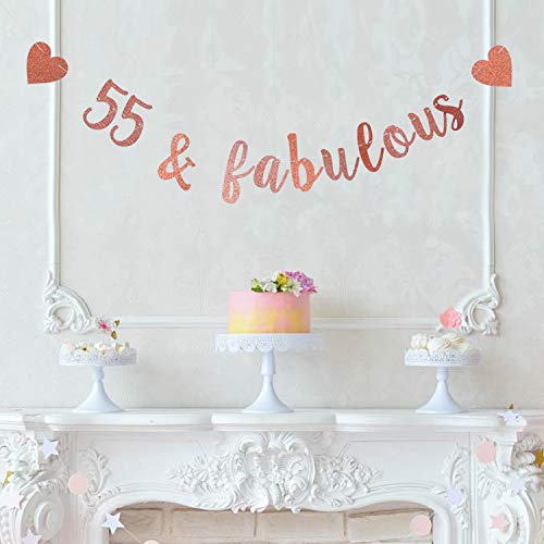 55 & Fabulous Banner, Happy 55th Birthday Bunting Sign, Hello 55/Cheer to 55 Years Birthday/Anniversary Party Decoration Supplies, Rose Gold Glitter