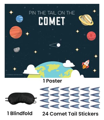 Sparkbuzz Creations Pin the Tail on the Comet Space Themed Party Game, 27'' x 21'', Includes Eye Mask and 24 Tails