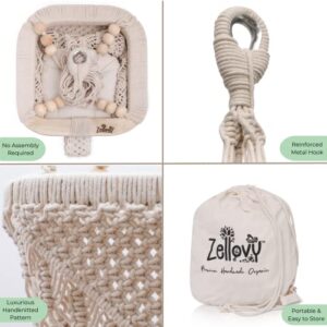 ZELLOVY Organic Macrame Baby Swing Chair with Cushion & Portable Canvas Backpack | Boho Baby Swing Outdoor Indoor Infants & Toddler | Hanging Rope Baby Gift Swing | Handmade Crochet Baby Hammock Swing