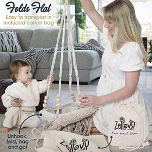 ZELLOVY Organic Macrame Baby Swing Chair with Cushion & Portable Canvas Backpack | Boho Baby Swing Outdoor Indoor Infants & Toddler | Hanging Rope Baby Gift Swing | Handmade Crochet Baby Hammock Swing