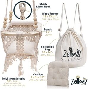 ZELLOVY Organic Macrame Baby Swing Chair with Cushion & Portable Canvas Backpack | Boho Baby Swing Outdoor Indoor Infants & Toddler | Hanging Rope Baby Gift Swing | Handmade Crochet Baby Hammock Swing