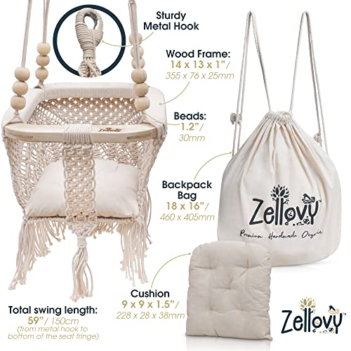 ZELLOVY Organic Macrame Baby Swing Chair with Cushion & Portable Canvas Backpack | Boho Baby Swing Outdoor Indoor Infants & Toddler | Hanging Rope Baby Gift Swing | Handmade Crochet Baby Hammock Swing