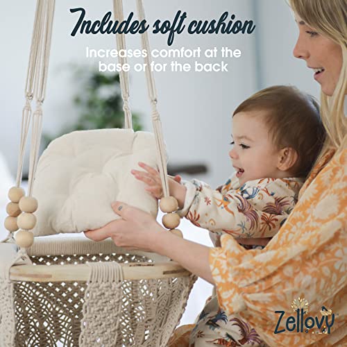 ZELLOVY Organic Macrame Baby Swing Chair with Cushion & Portable Canvas Backpack | Boho Baby Swing Outdoor Indoor Infants & Toddler | Hanging Rope Baby Gift Swing | Handmade Crochet Baby Hammock Swing