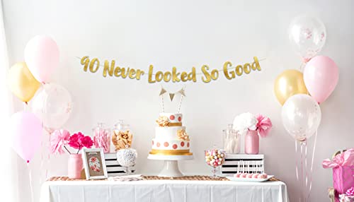 90 Never Looked So Good Gold Glitter Banner - 90th Birthday Party Decorations