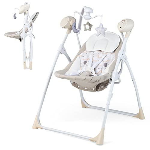 BABY JOY Baby Swings for Infants, Portable Rocker w/ 5 Swing Speeds, 3-Position Adjustable Backrest, 3 Timer Settings, 12 Melodies and 5 Natural Sounds, Compact Swing Chair for Toddlers (Beige)