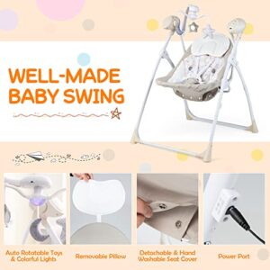 BABY JOY Baby Swings for Infants, Portable Rocker w/ 5 Swing Speeds, 3-Position Adjustable Backrest, 3 Timer Settings, 12 Melodies and 5 Natural Sounds, Compact Swing Chair for Toddlers (Beige)