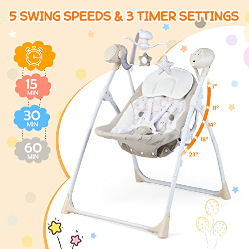 BABY JOY Baby Swings for Infants, Portable Rocker w/ 5 Swing Speeds, 3-Position Adjustable Backrest, 3 Timer Settings, 12 Melodies and 5 Natural Sounds, Compact Swing Chair for Toddlers (Beige)