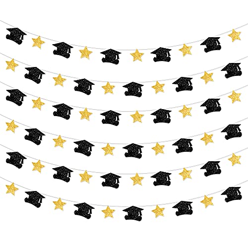 Glitter, 10 Feet Graduation Garland Black and Gold - 6 Strings, No DIY | Gold, Black Graduation Cap Garland for Graduation Party Decorations 2023 | Graduation Cap Banner for Graduation Cap Decorations