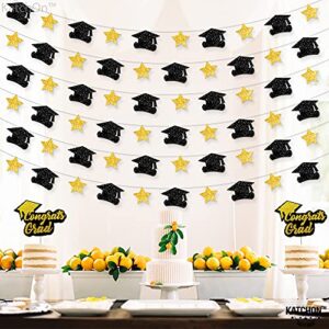 Glitter, 10 Feet Graduation Garland Black and Gold - 6 Strings, No DIY | Gold, Black Graduation Cap Garland for Graduation Party Decorations 2023 | Graduation Cap Banner for Graduation Cap Decorations