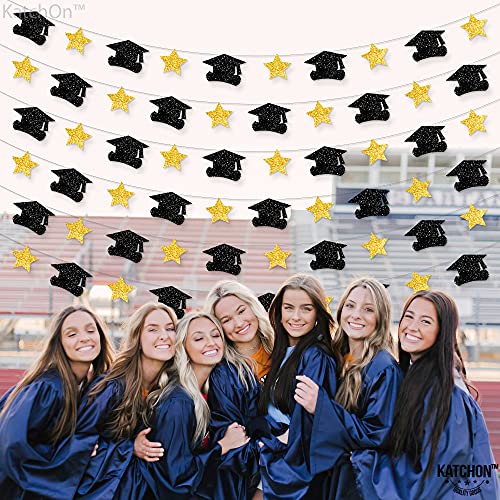 Glitter, 10 Feet Graduation Garland Black and Gold - 6 Strings, No DIY | Gold, Black Graduation Cap Garland for Graduation Party Decorations 2023 | Graduation Cap Banner for Graduation Cap Decorations