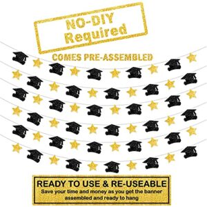 Glitter, 10 Feet Graduation Garland Black and Gold - 6 Strings, No DIY | Gold, Black Graduation Cap Garland for Graduation Party Decorations 2023 | Graduation Cap Banner for Graduation Cap Decorations