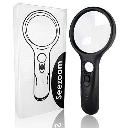 SeeZoom Lighted Magnifying Glass 3X 45x Magnifier Lens - Handheld Magnifying Glass with Light for Reading Small Prints, map, Coins and Jewelry - LED Magnifying Glass