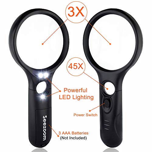 SeeZoom Lighted Magnifying Glass 3X 45x Magnifier Lens - Handheld Magnifying Glass with Light for Reading Small Prints, map, Coins and Jewelry - LED Magnifying Glass