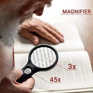 SeeZoom Lighted Magnifying Glass 3X 45x Magnifier Lens - Handheld Magnifying Glass with Light for Reading Small Prints, map, Coins and Jewelry - LED Magnifying Glass