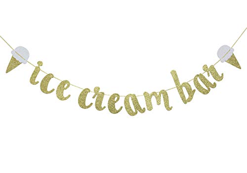 Ice Cream Bar Banner Hanging Garland for Ice Cream Theme Party Birthday Wedding Engagement Baby Shower Party Photo Prop Sign (Gold Glitter)