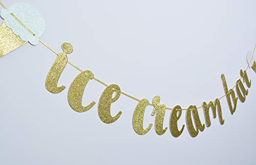 Ice Cream Bar Banner Hanging Garland for Ice Cream Theme Party Birthday Wedding Engagement Baby Shower Party Photo Prop Sign (Gold Glitter)