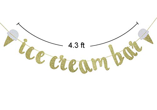 Ice Cream Bar Banner Hanging Garland for Ice Cream Theme Party Birthday Wedding Engagement Baby Shower Party Photo Prop Sign (Gold Glitter)