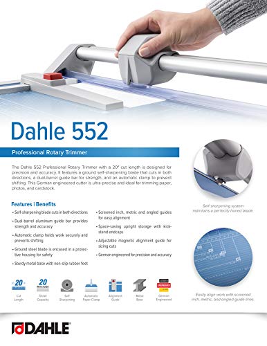 Dahle 552 Professional Rotary Trimmer, 20" Cut Length, 20 Sheet Capacity, Self-Sharpening, Dual Guide Bar, Automatic Clamp, German Engineered Paper Cutter