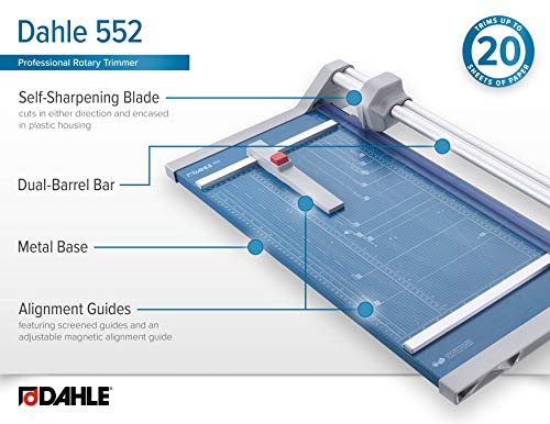 Dahle 552 Professional Rotary Trimmer, 20" Cut Length, 20 Sheet Capacity, Self-Sharpening, Dual Guide Bar, Automatic Clamp, German Engineered Paper Cutter